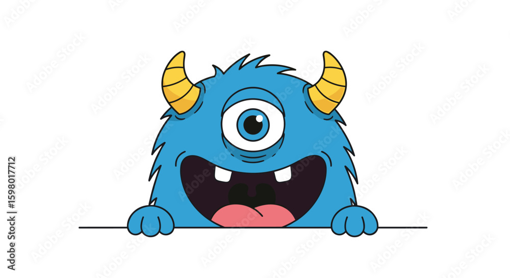 Cute blue cyclops monster peeking over a white surface with a big smile ...