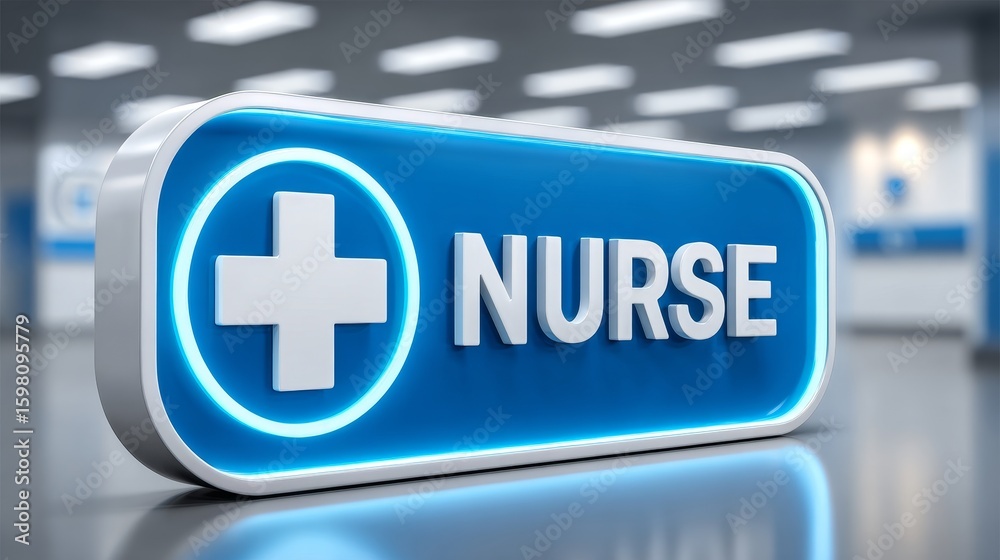 Nurse station sign with blue cross symbol in hospital environment ...