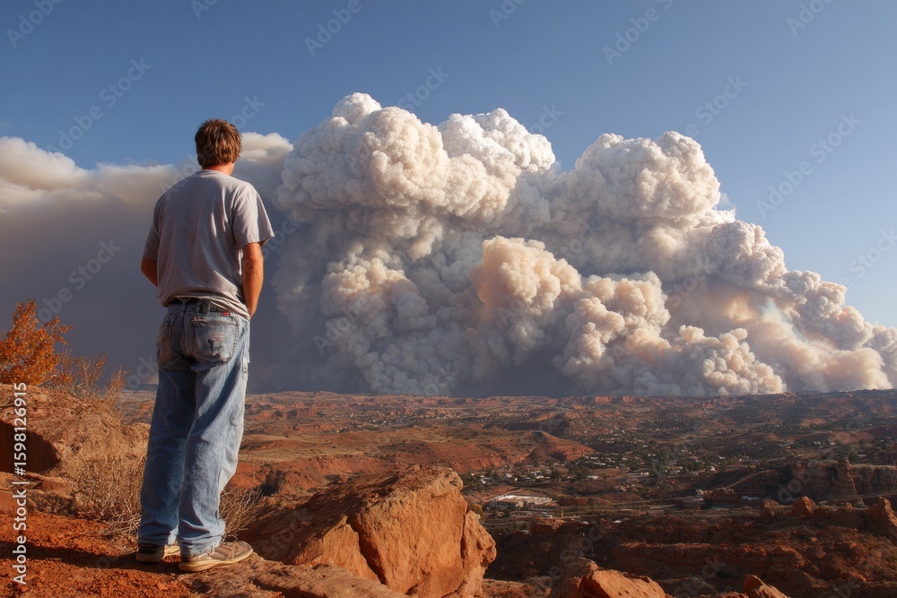 Drought and fire: a person observes smoke from the desert. Breathing ...