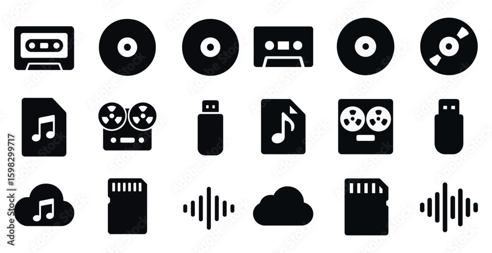 Music and audio solid icons set – filled, flat, sound and recording ...