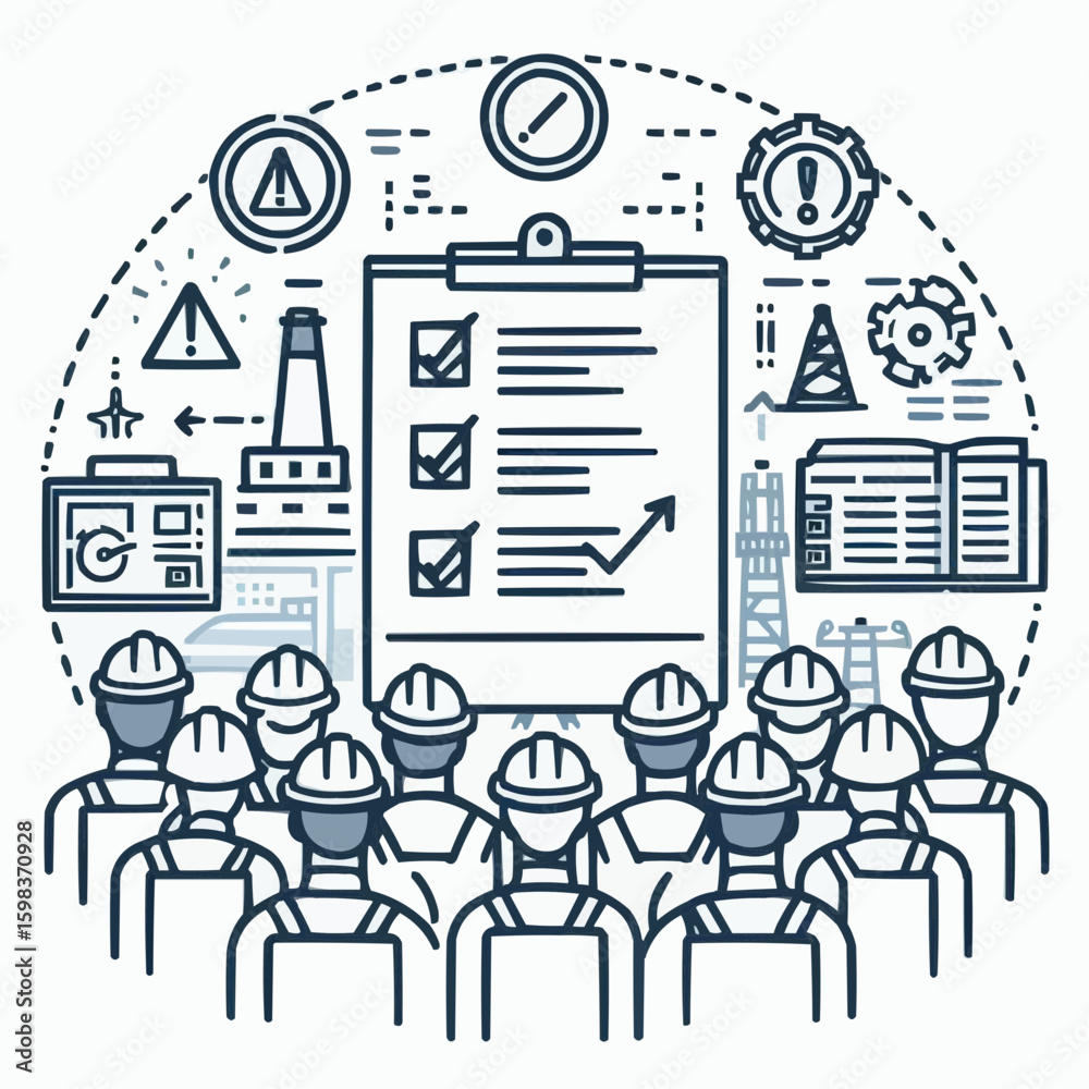 Construction team meeting with checklist and safety icons in a detailed ...