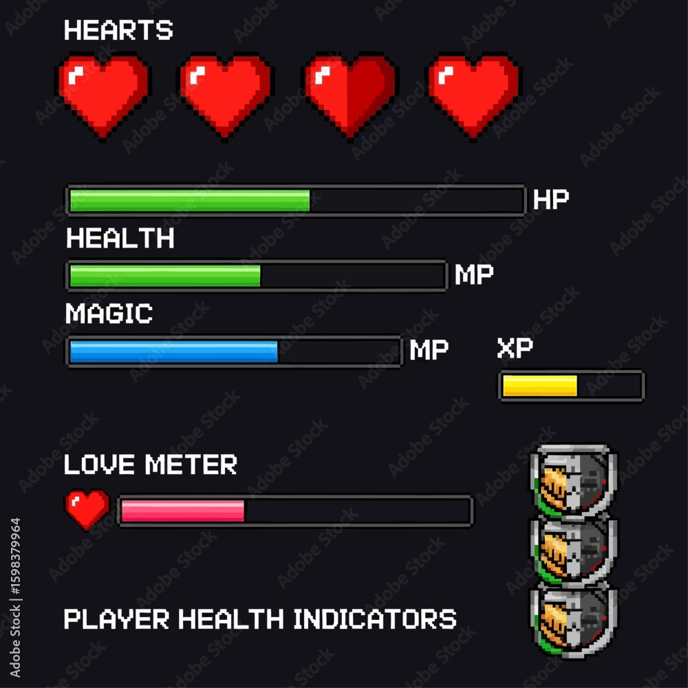 Стоковий вектор Pixel art vector set of hearts and life bars for retro ...