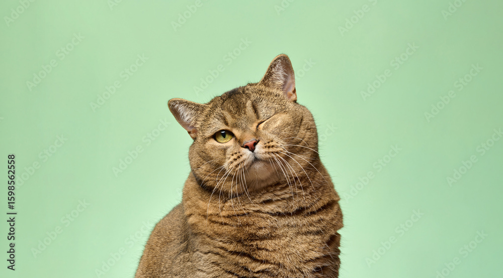 Shorthair gray cat with winking eye looking straight at camera on green ...