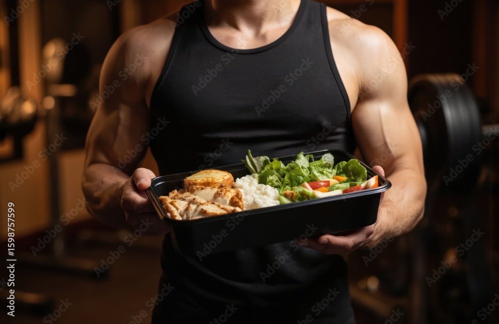 Fit man in black tank top holds black container with healthy meal ...