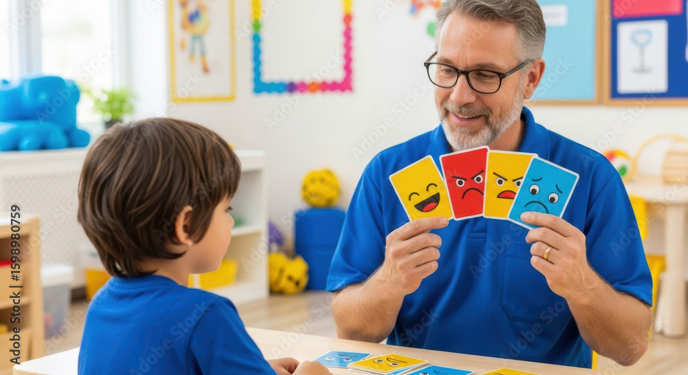 Teacher showing emotion cards to a young boy in a classroom setting ...