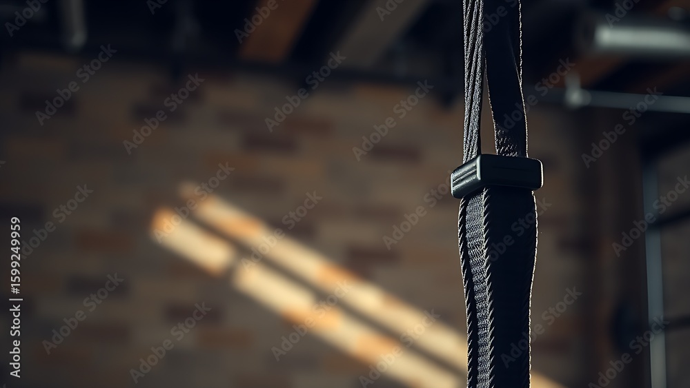 Suspension training band anchored to a gym wall, showing dynamic ...