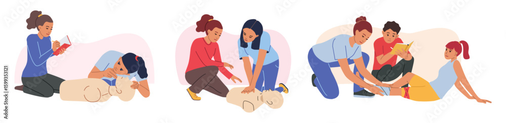 People practicing CPR and first aid techniques with training mannequins ...