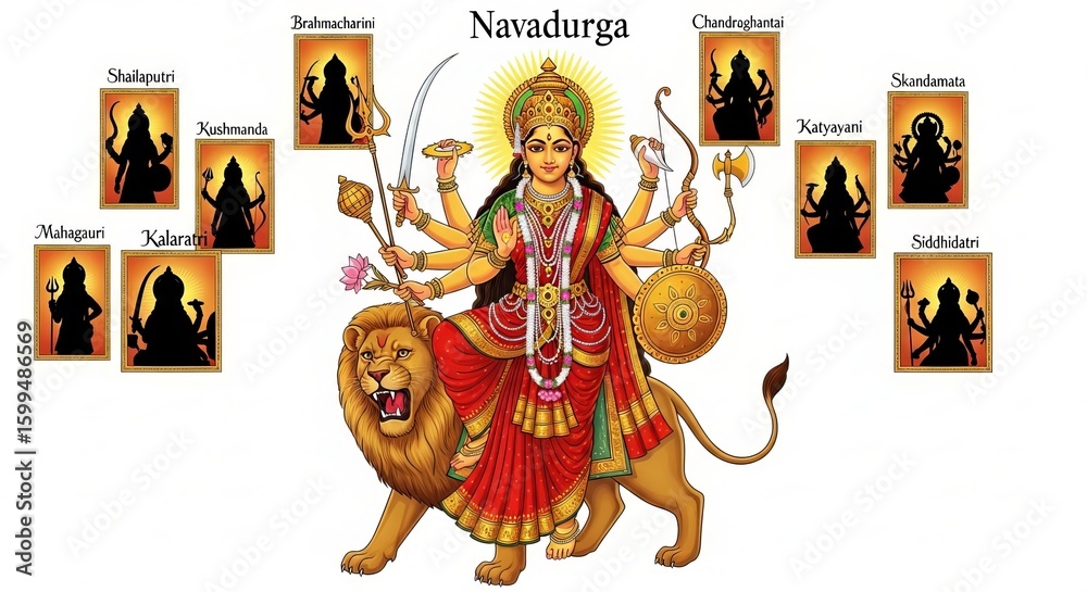 Illustration of Navadurga with Nine Forms Represented in a Traditional ...