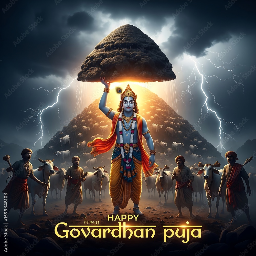 Lord krishna lifting govardhan hill to protect devotees from torrential ...