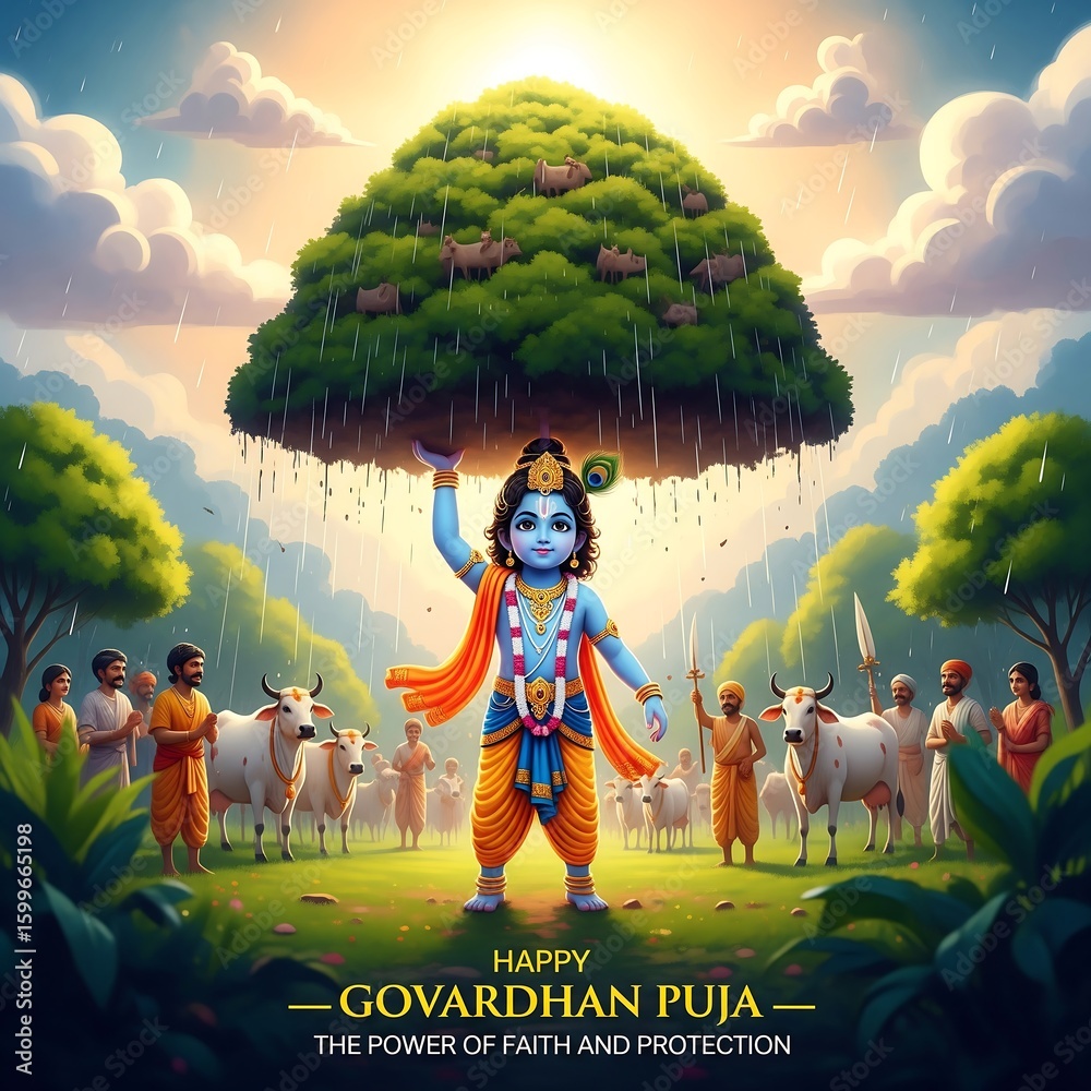 Lord krishna lifting govardhan hill protecting villagers and cattle ...