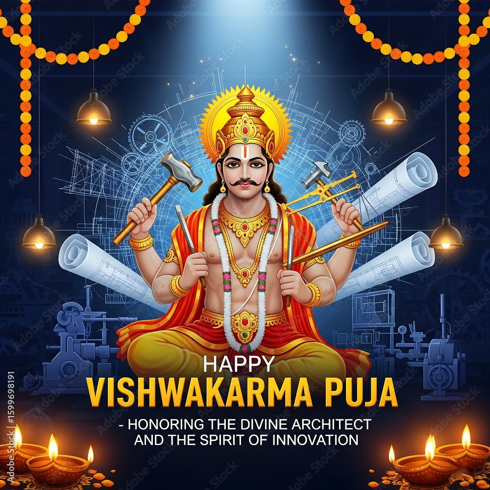 Lord vishwakarma the divine architect and creator seated in meditation ...