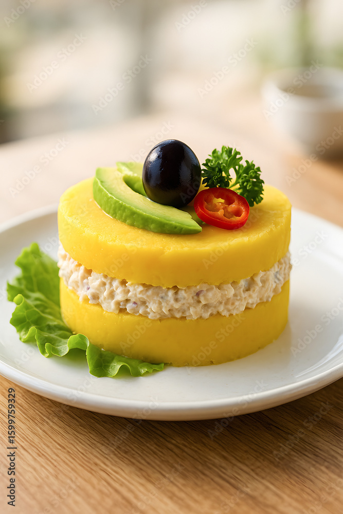Causa Limeña peruana con palta y pollo. Traditional layered potato dish ...