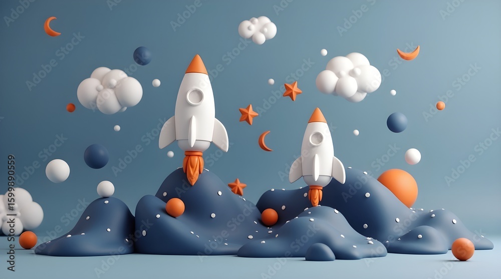 A cute, 3d scene of rockets launching among clouds, stars, and planets ...