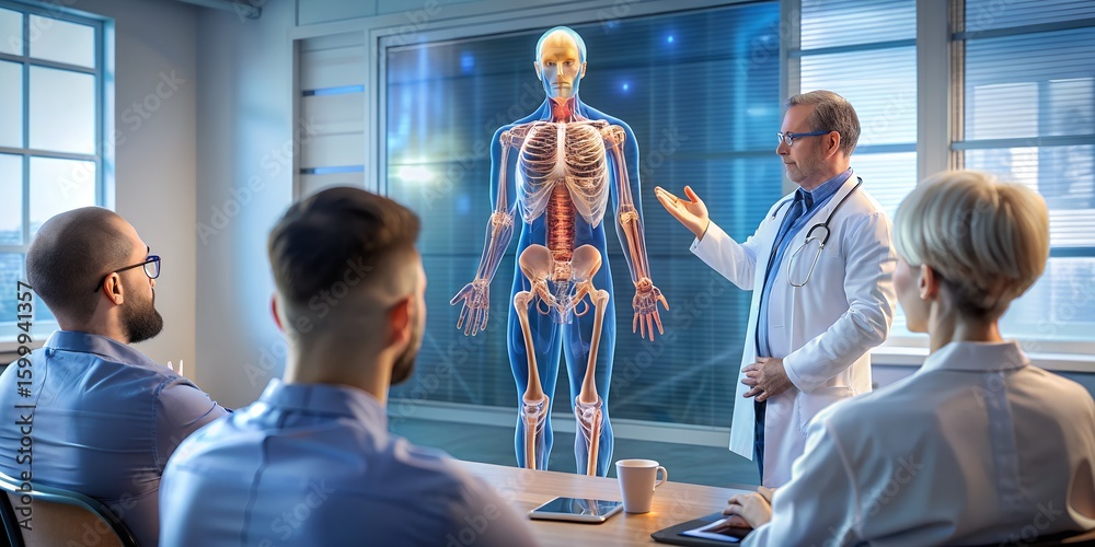 A doctor explains a holographic projection of the human skeleton and ...