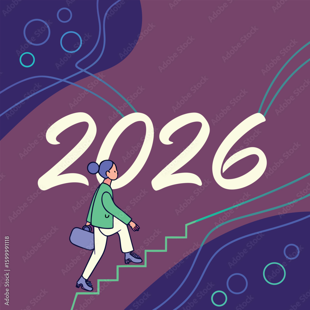 New Year Ambition Cartoon Illustration Woman Ascending Stairs to a ...