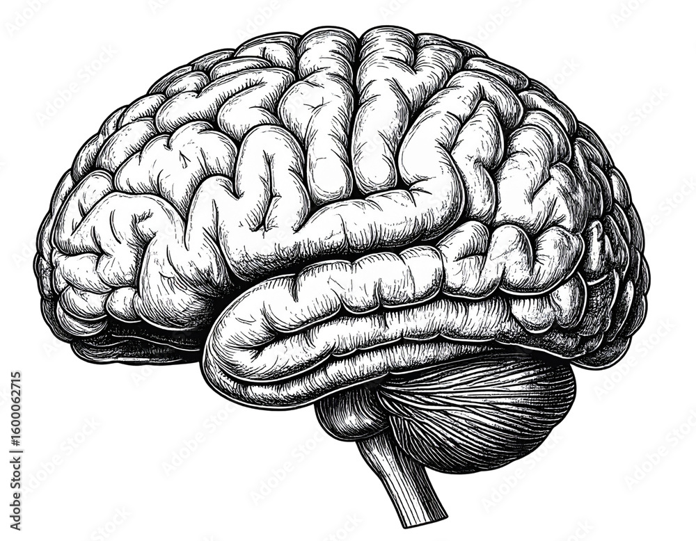 Hand-Drawn Human Brain Side View with Labeled Lobes and Rough Ink Lines ...