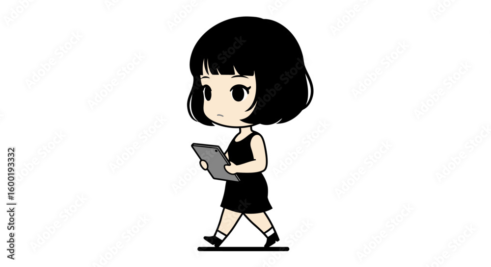 A minimalist black and white illustration of a chibi girl with a bob ...