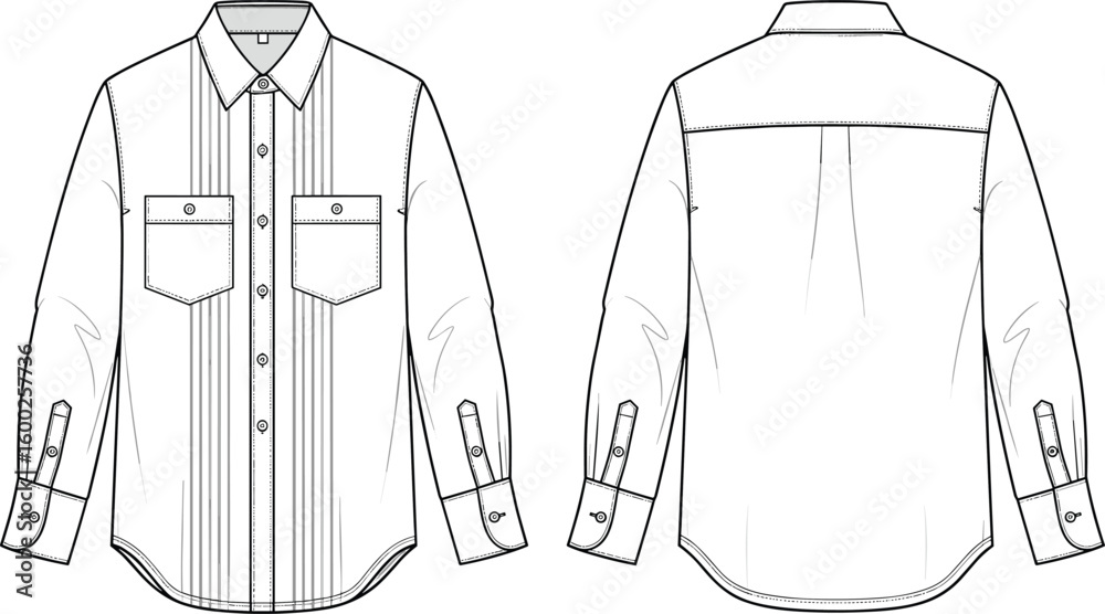long sleeve button up shirt cad flat vector illustration with front and ...