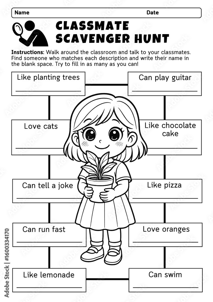 Classmate Scavenger Hunt Worksheet for Kids, Back to School Activity ...