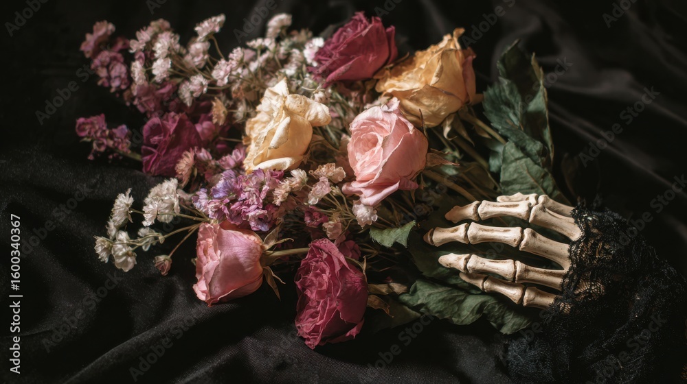 Skeleton hand holding bouquet of dry and fading roses on black velvet ...