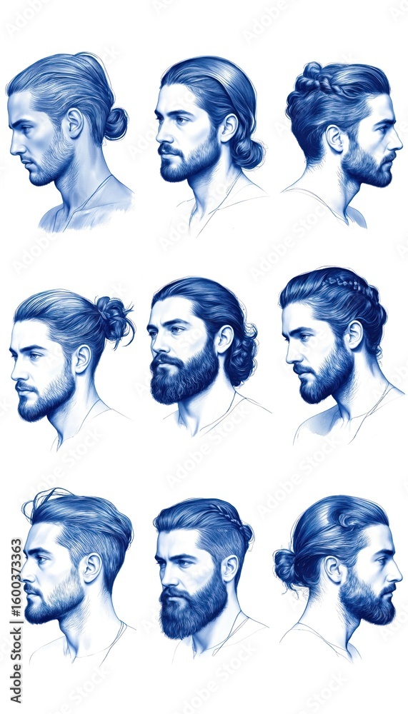 Nine illustrations showcase men hairstyles, beard combinations in blue ...