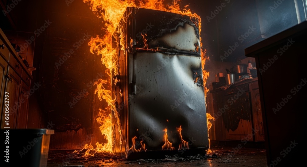 Burning Refrigerator Kitchen Fire - A refrigerator engulfed in flames ...