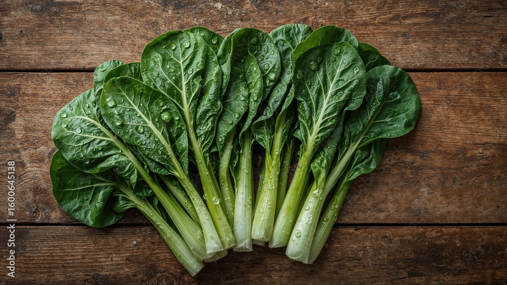 Moist pak choy cabbage leaves placed on rustic wood with room for ...