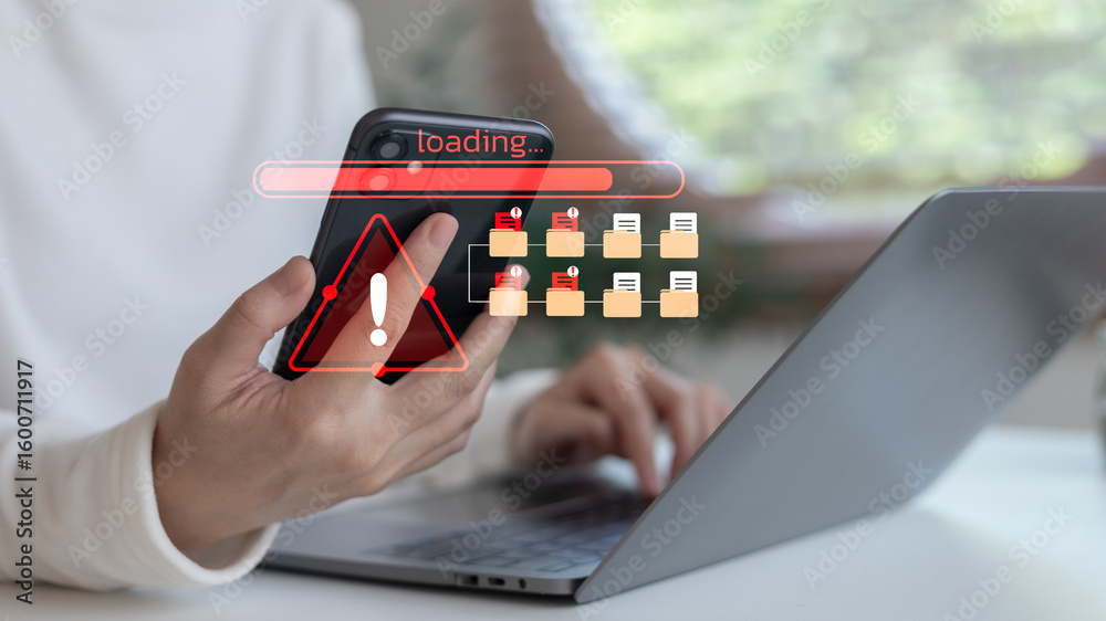 Smartphone warning alert with dangerous file icons and loading bar ...