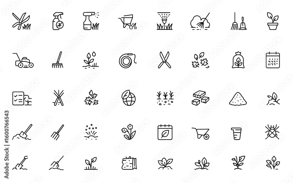 Lawn care icon set line art. Vector pictograms featuring trimming, weed ...