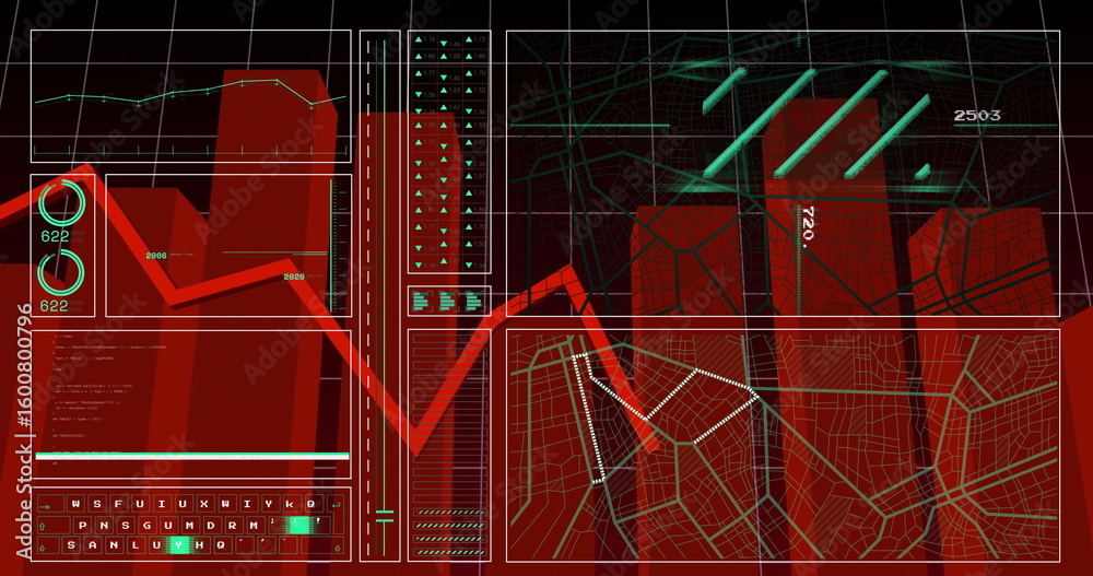Displaying data dashboard at command center console, with line and bar charts and map overlay ...