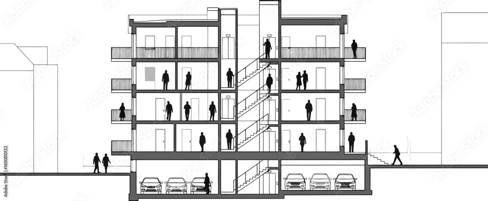 Stock-Vektorgrafik „Architectural cross section drawing of a modern ...