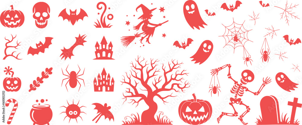 Red halloween vector elements collection with pumpkins skulls bats spiders ghosts witch on a ...