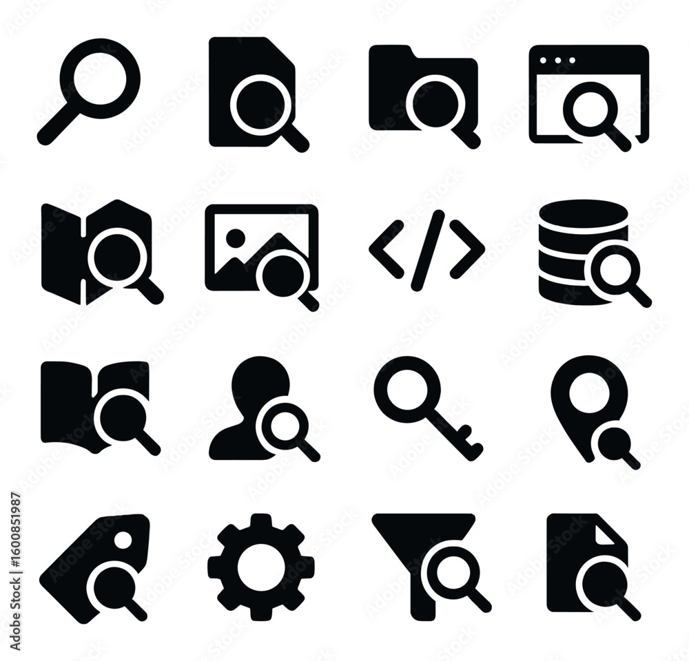 Search silhouette icon set. includes magnifying glass, folder, map ...