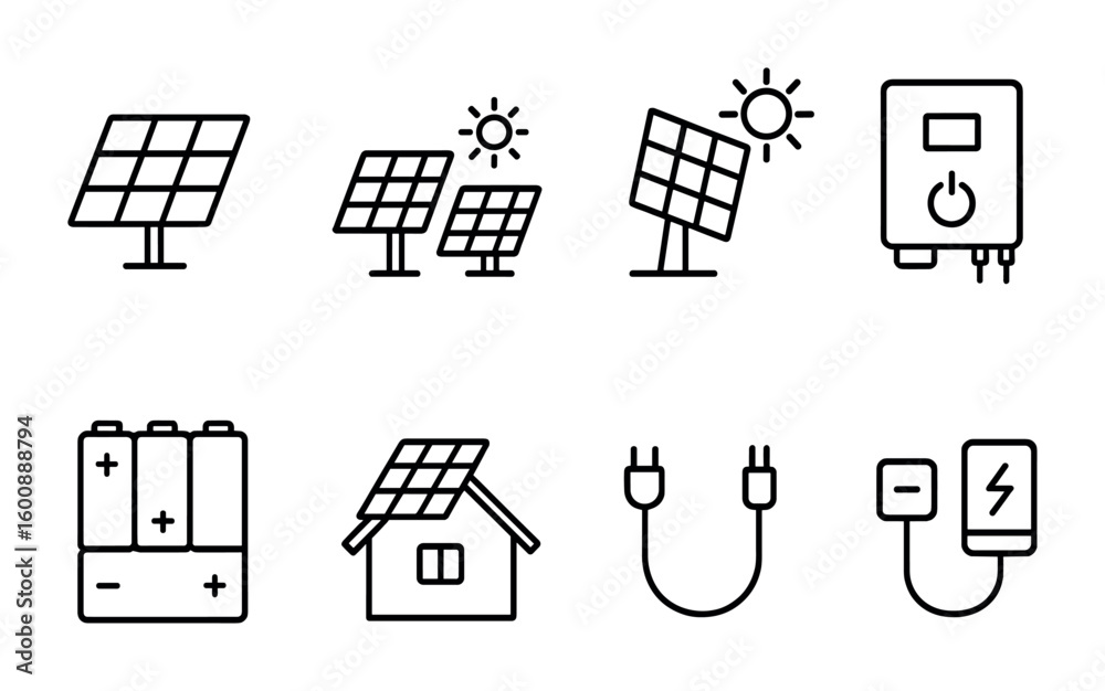 Solar Power Icons. Outline icon set of solar power systems ...