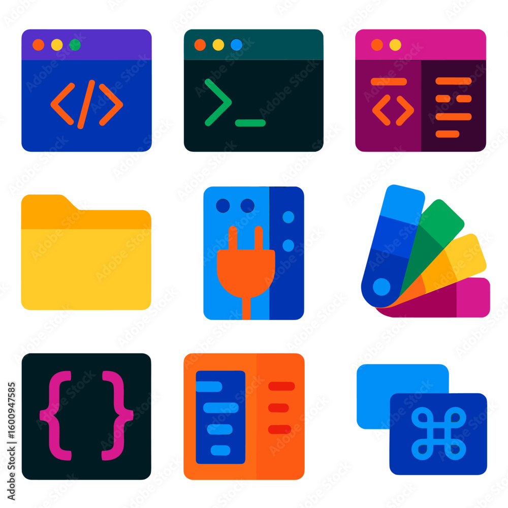 Modern Developer Icons. Flat vector icons of IDE and development tools ...