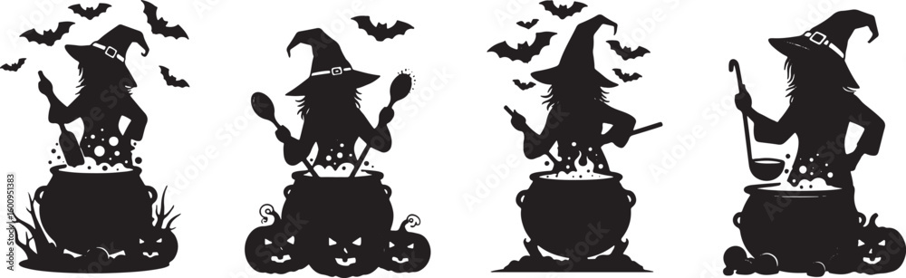 Four Halloween witches stirring cauldrons with bats and pumpkins ...