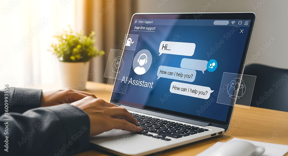 Person using laptop with ai assistant chatbot on screen and plant in ...