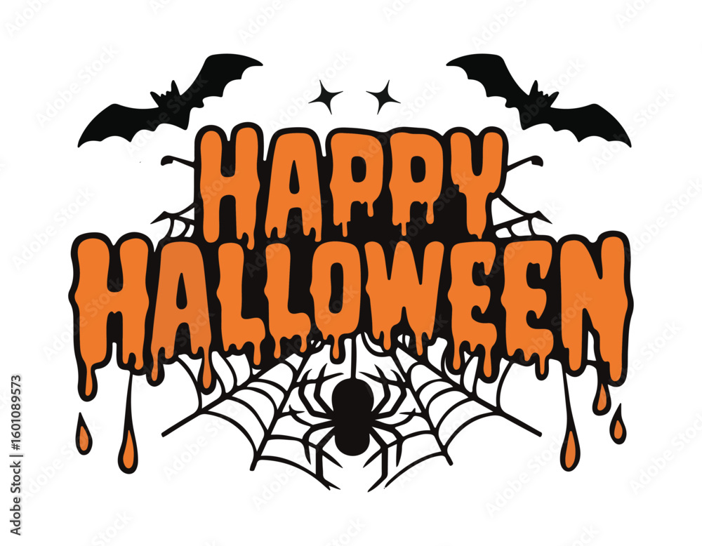 happy halloween dripping text with bats spider and web on white ...