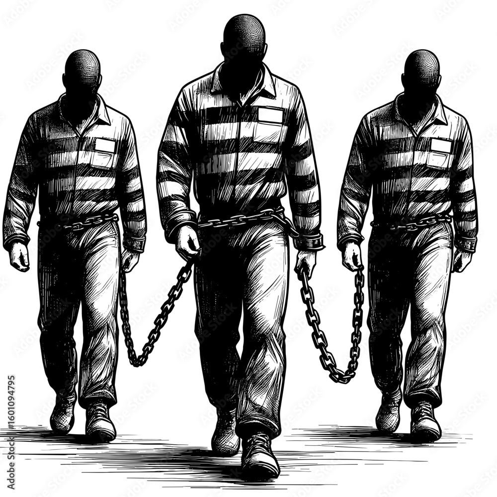 Three prisoners walking in chains on transparent background Stock ...