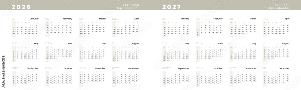 Set Hijri islamic 1447-1448, 1448-1449 and Gregorian calendar for 2026 ...