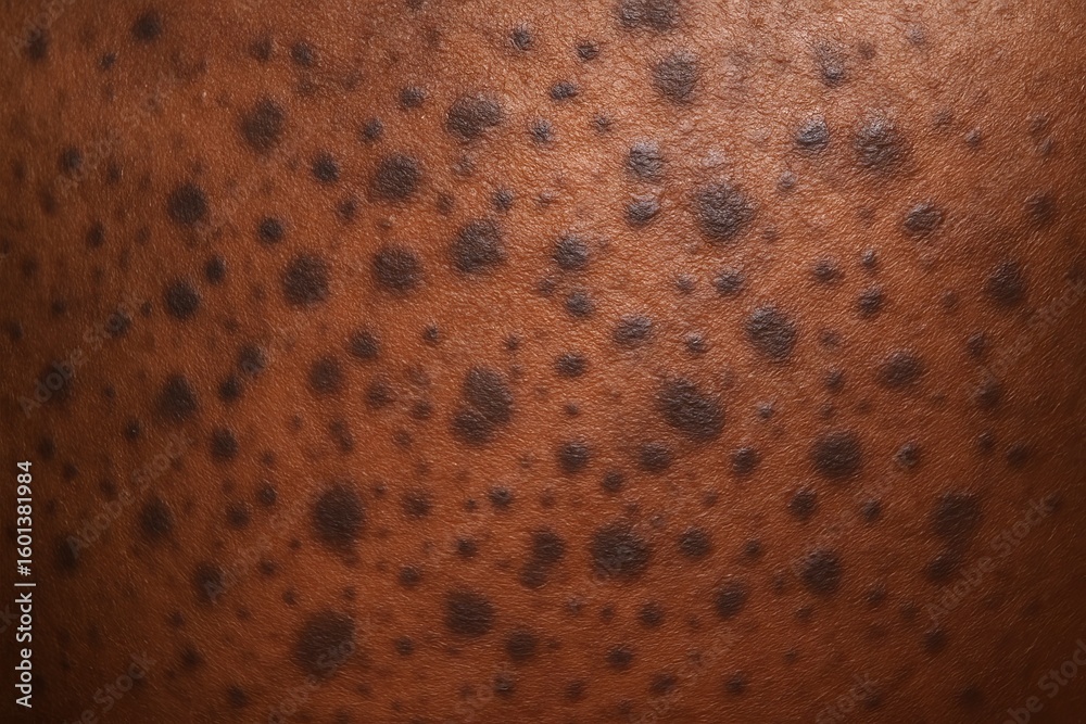 Close up of multiple dark pigmented spots on brown skin. Concept of ...