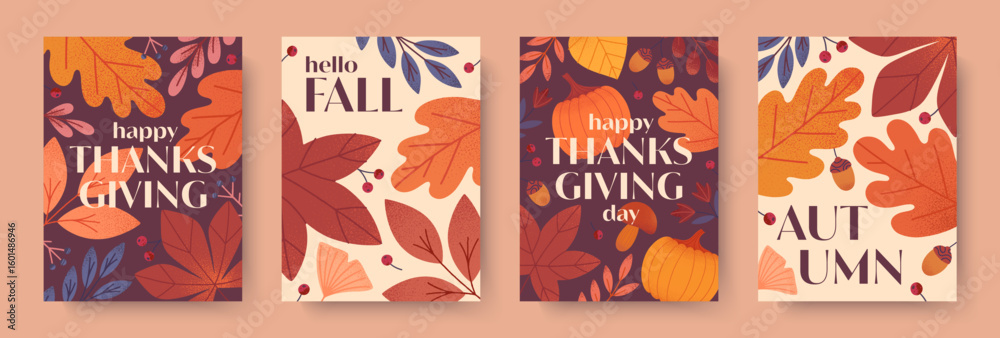 Thanksgiving day posters with pumpkins,mushrooms,leaves,berries,plants ...