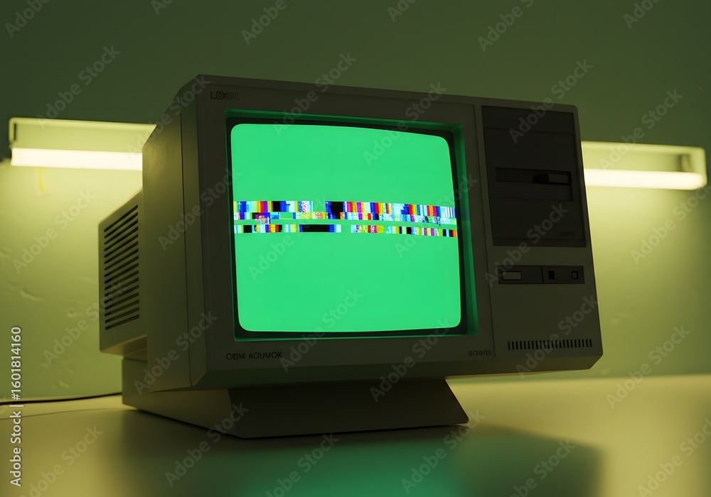 Illustration Stock Vintage CRT computer with a glitchy green screen ...