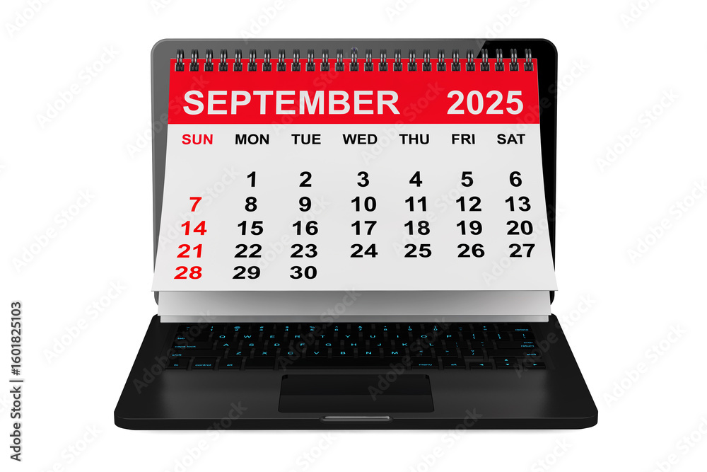 2025 year calendar. September calendar over laptop screen. 3d rendering ...