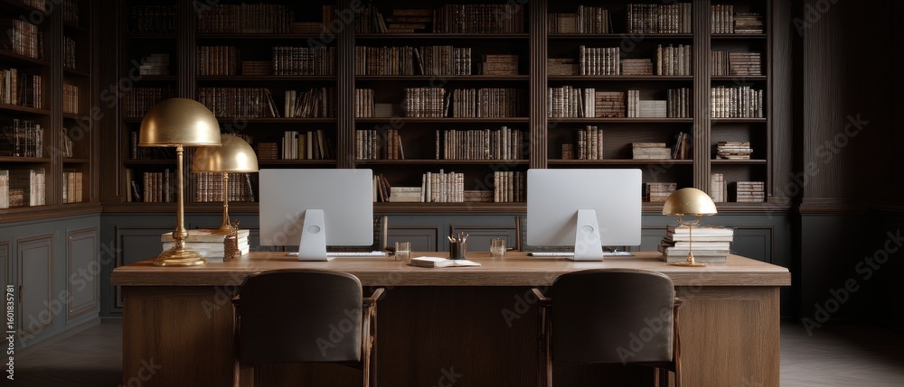 Elegant law firm workspace with dual monitors and legal documents in ...