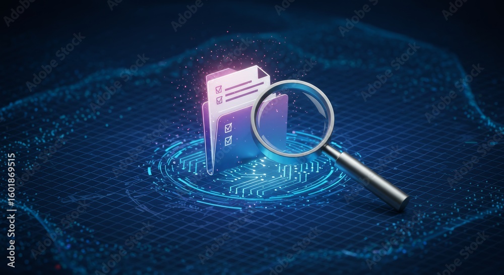 Digital file folder with checklist documents under a magnifying glass ...