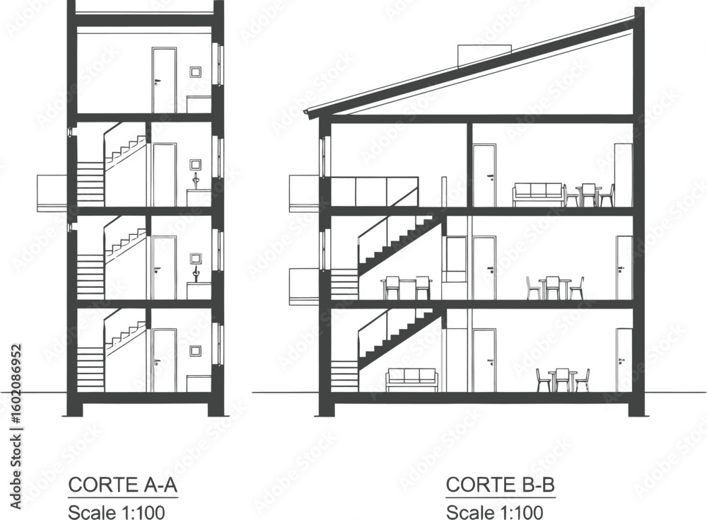 Architectural cross section drawings of a multi story building with ...