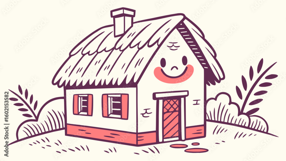 Cute cartoon house illustration with thatched roof chimney windows and ...