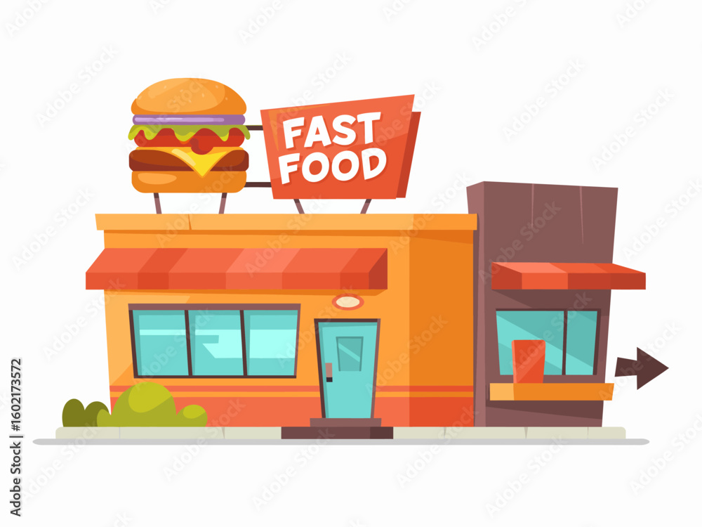 Colorful Cartoon Fast Food Restaurant Building with Burger on Top and ...