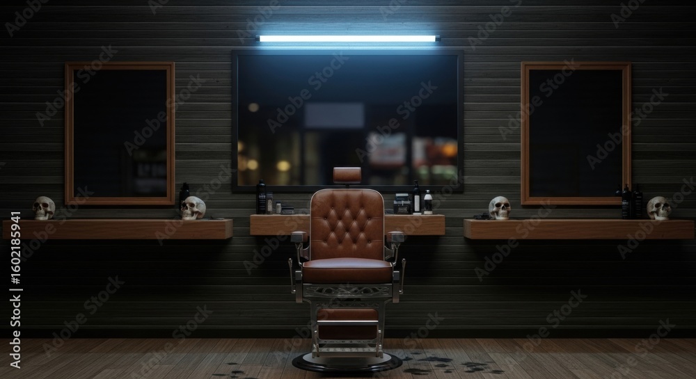 Moody Barber Shop Interior with Leather Chair, Skulls, and Dark Wood ...